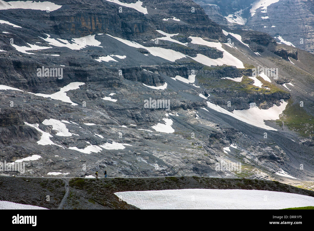 Hikers on the Eiger Trail by the Eiger Glacier, Eigergletscher, in ...