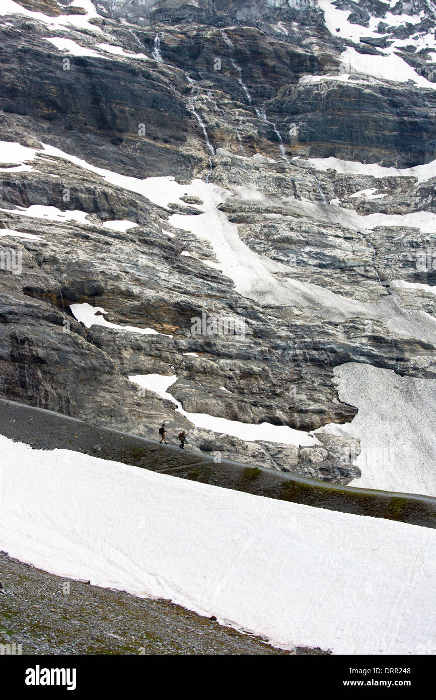 Hikers on the Eiger Trail near the Eiger Glacier, Eigergletscher, in ...