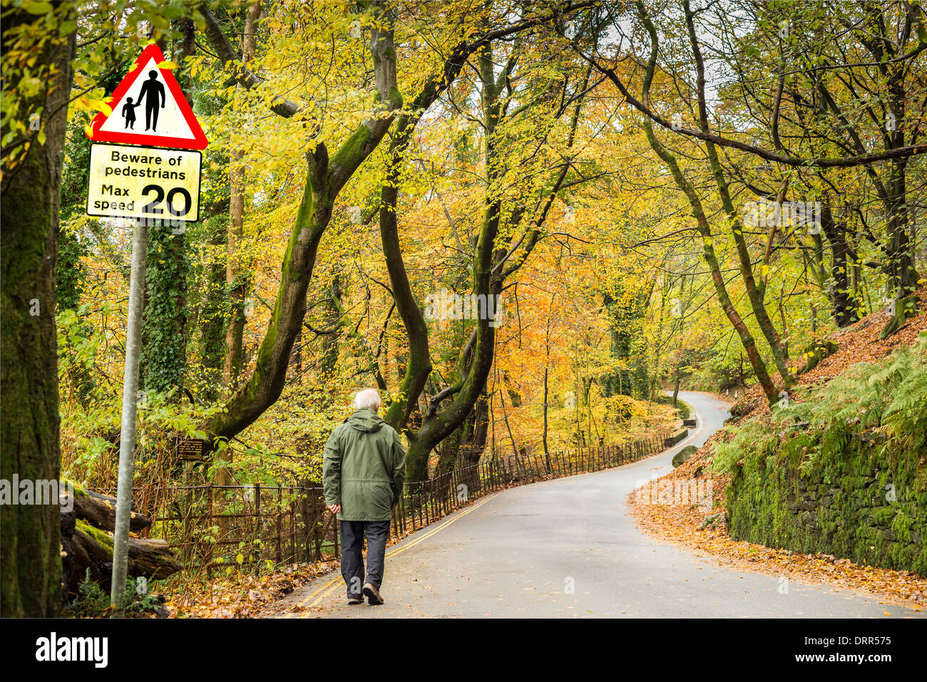 Pedestrian strolling up a country road with a ban on motorists driving ...