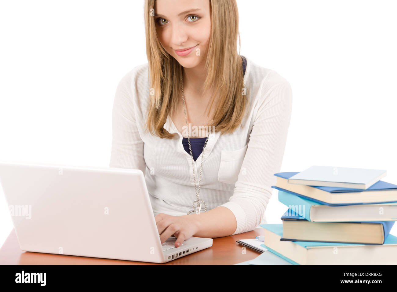 Student teenager woman typing laptop book Stock Photo - Alamy