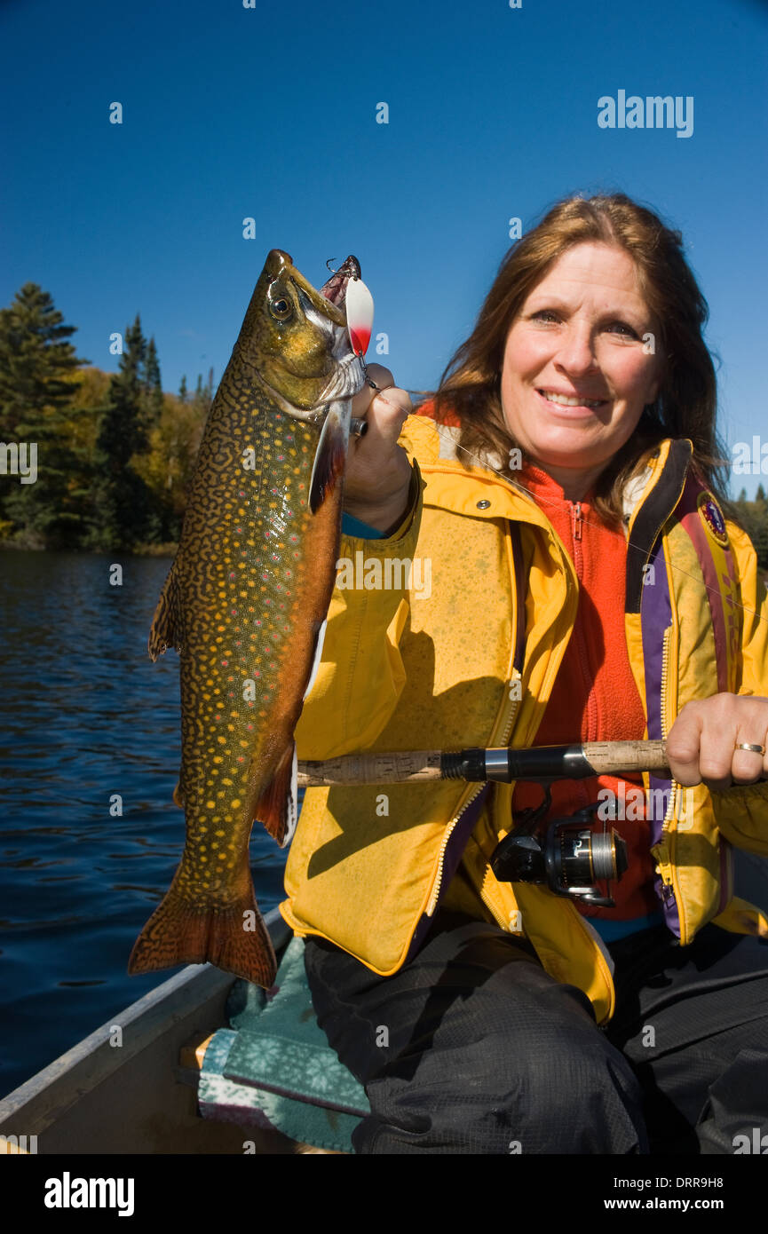 Woman angler holding a summer brook trout she caught in a lake in ...