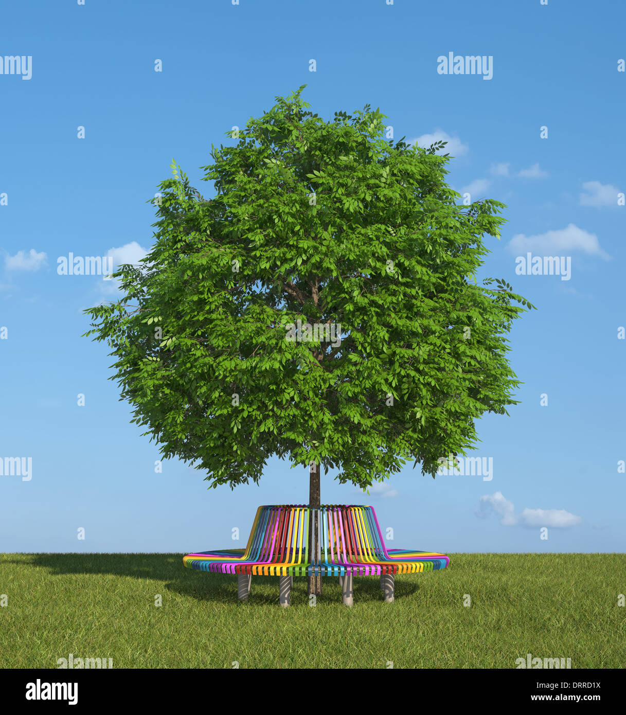 Colorful bench and a tree on a spring day - rendering Stock Photo - Alamy