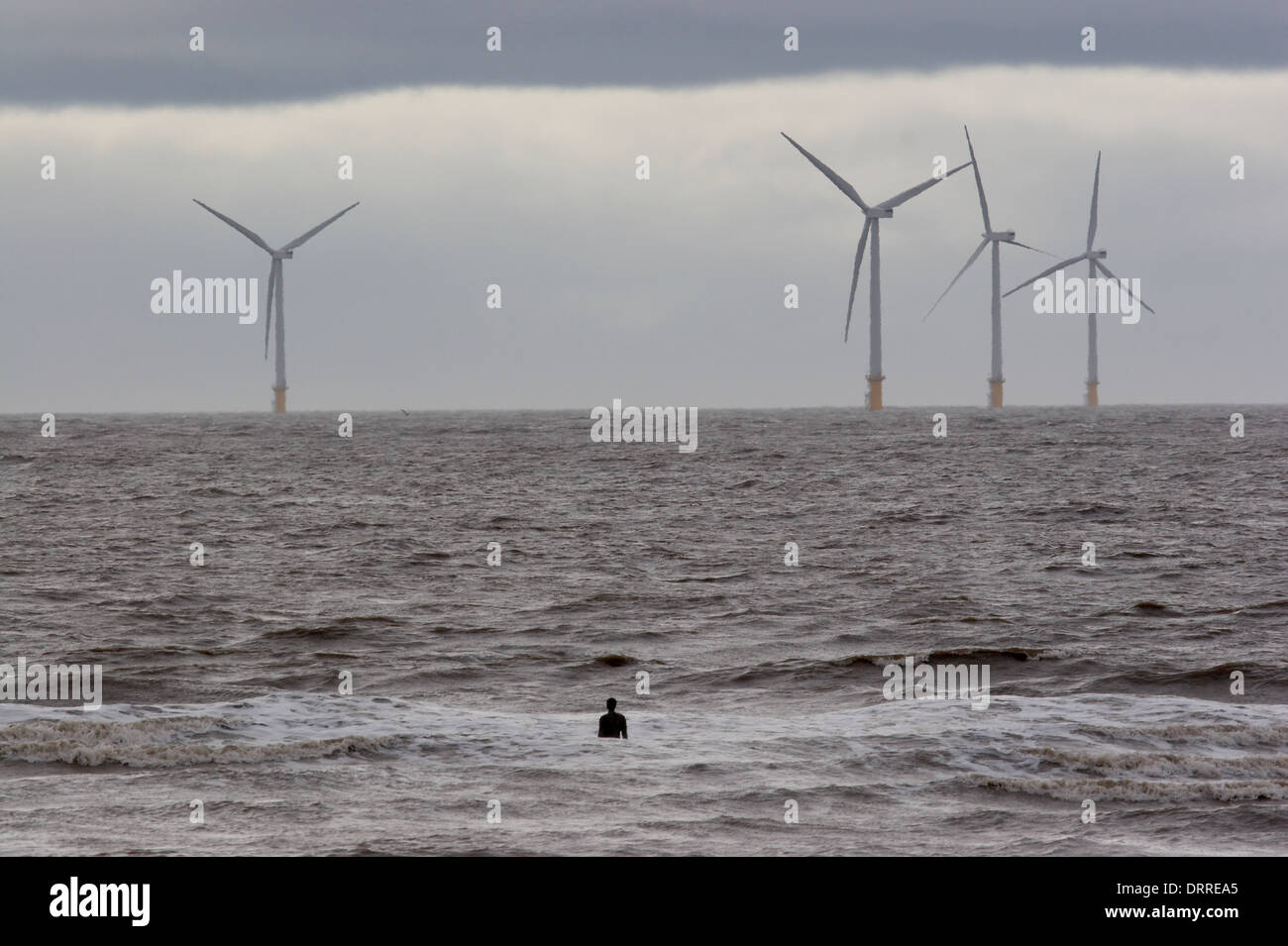 Off-shore wind farm and Antony Gormley's Another Place installation ...