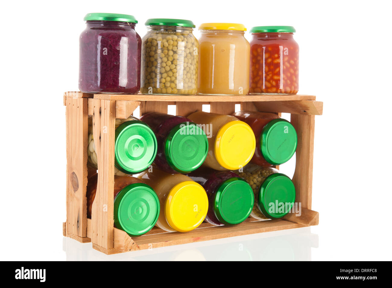 Wooden crate full with glass pots preserved vegetables Stock Photo - Alamy