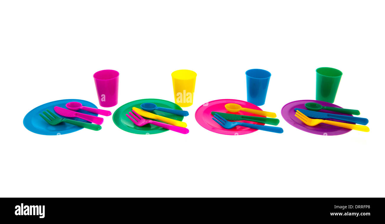 Colorful plastic crockery isolated white background Stock Photo - Alamy