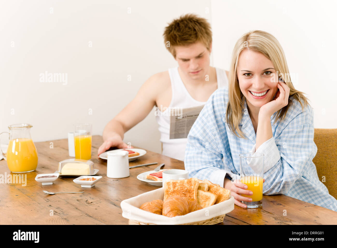 Breakfast happy couple enjoy romantic morning Stock Photo - Alamy