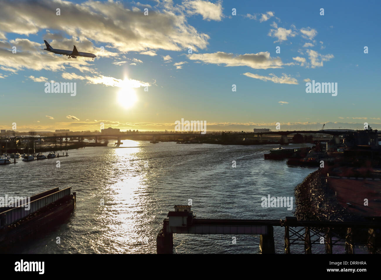 Jet Descending at Sunset over the Fraser River between Richmond and ...