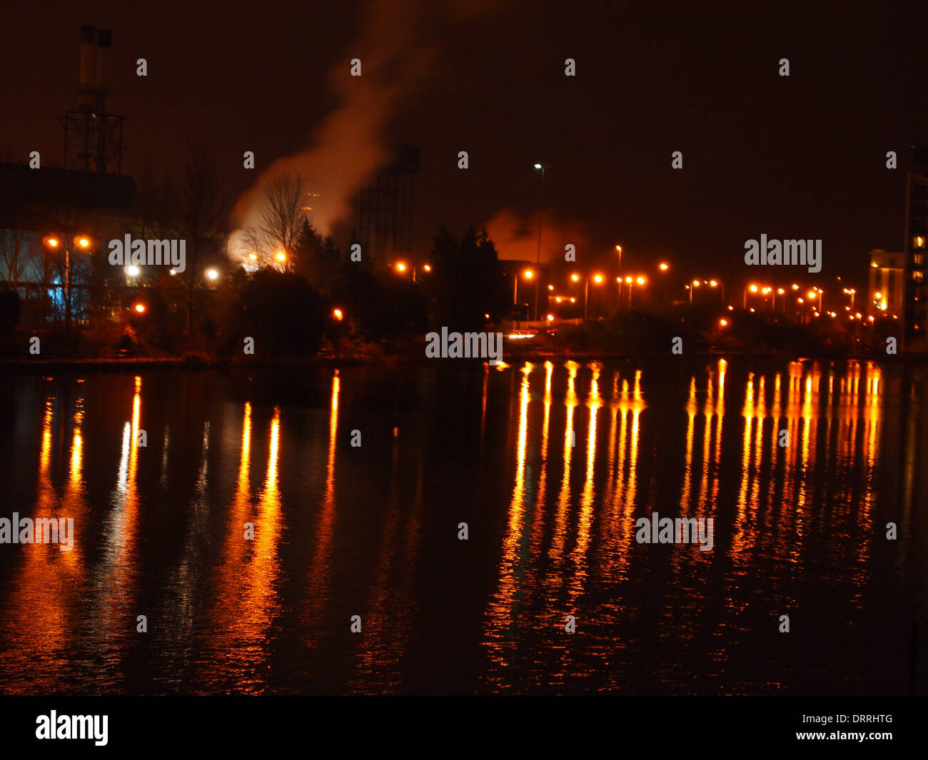 Cardiff bay wharf dock area at night with street and other lights ...
