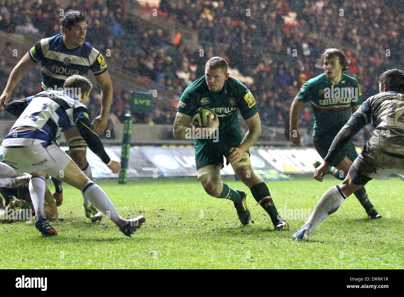 Leicester, UK. 31st Jan, 2014. Tigers Michael Noone on the charge ...