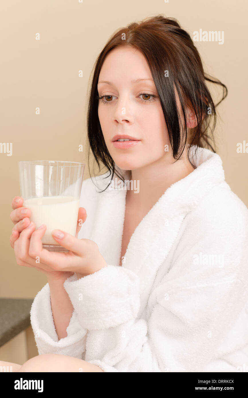 Young student girl drink milk for breakfast Stock Photo - Alamy