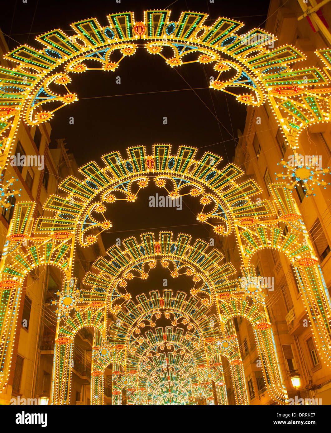 Beautiful night lights in Fallas fest of Valencia in calle Sueca street ...