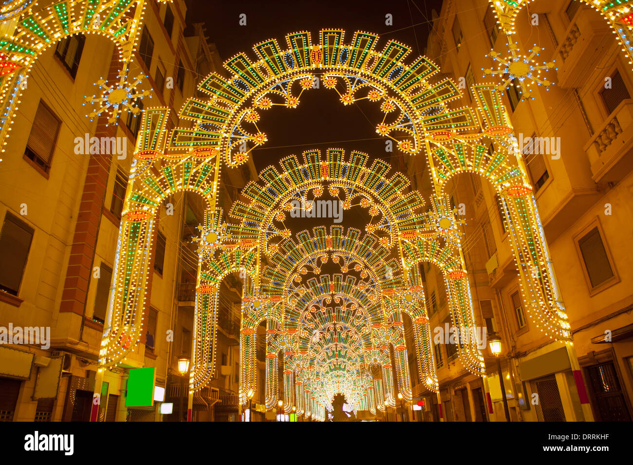 Beautiful night lights in Fallas fest of Valencia in calle Sueca street ...