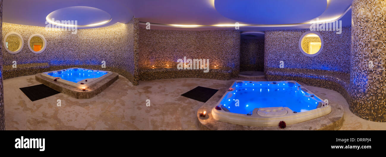 Panoramic view of wet area in a luxury health spa with two large ...