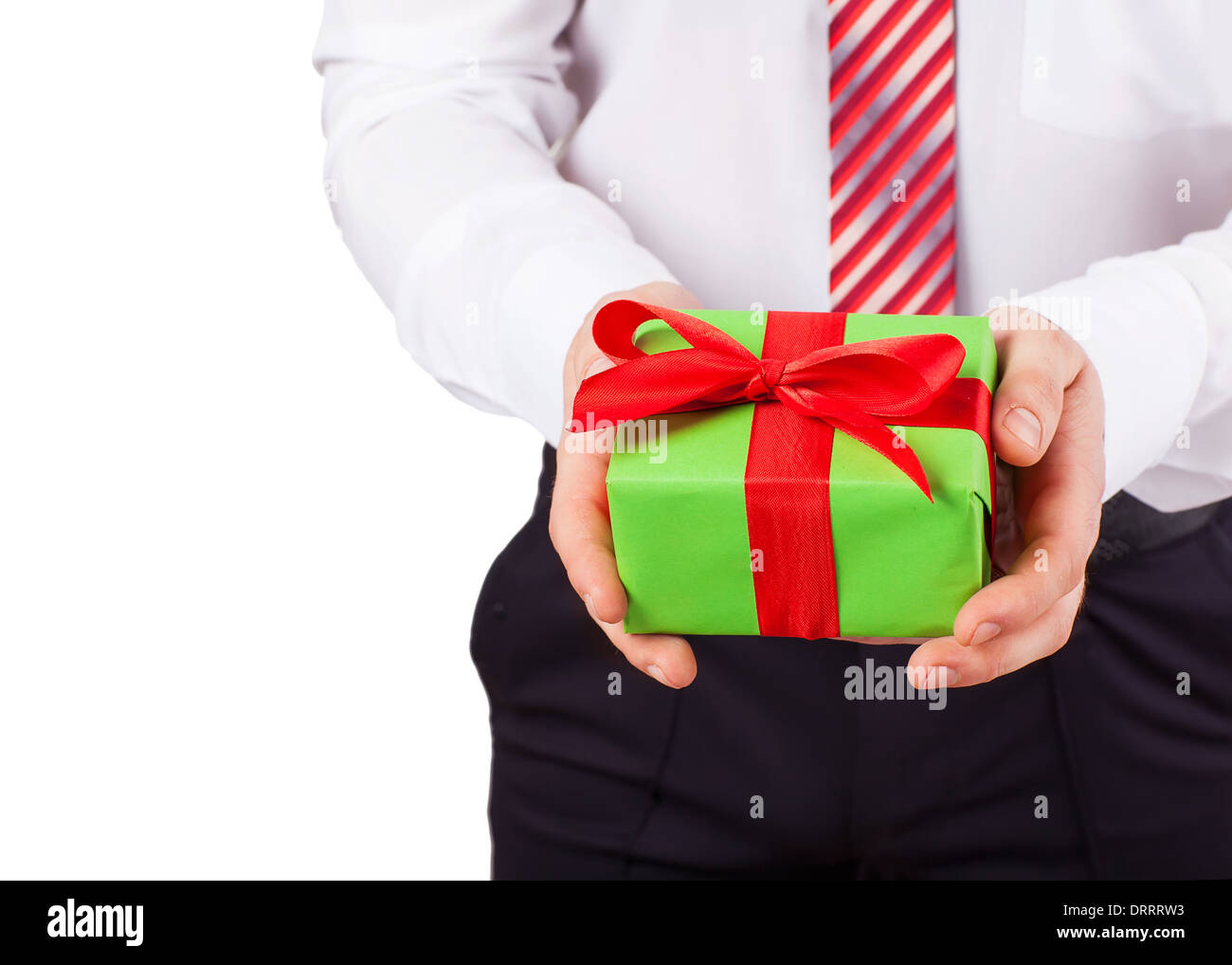 Valentine's Day. Man present gift box isolated over white background ...