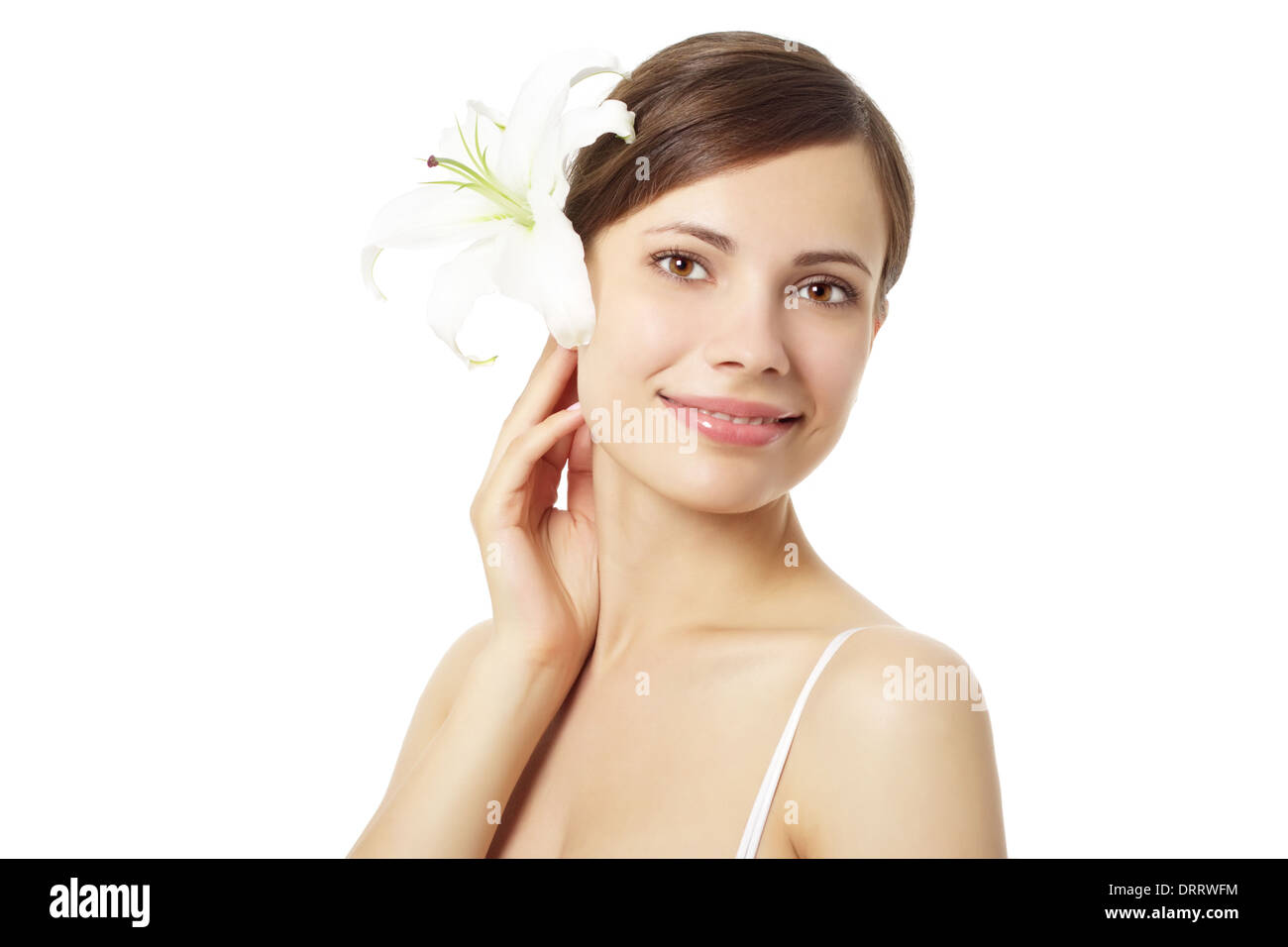 Beautiful girl with lily flower Stock Photo - Alamy