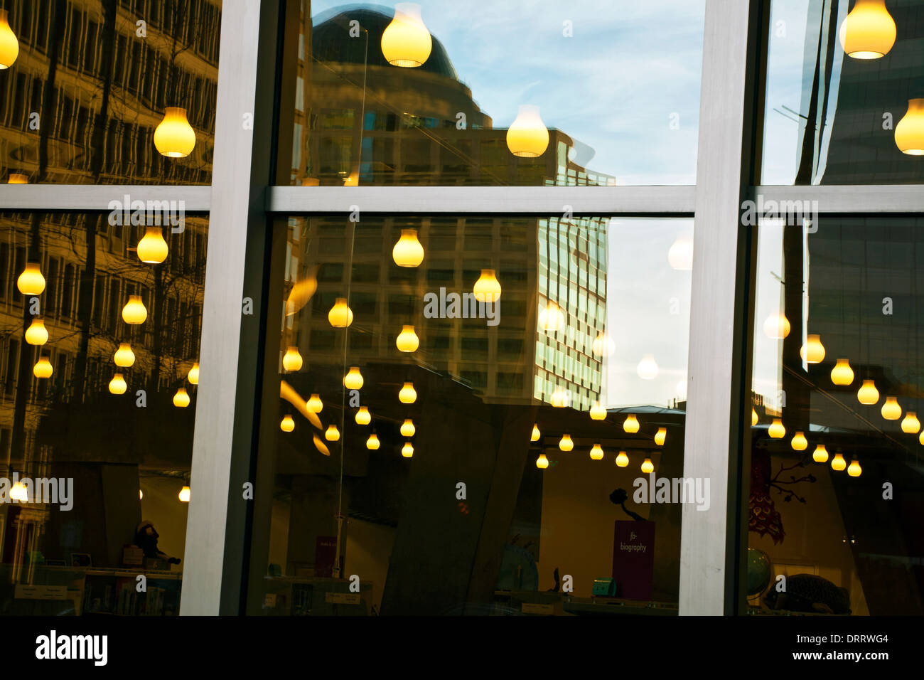 Lights on the interior of the Seattle Public Library and downtown ...