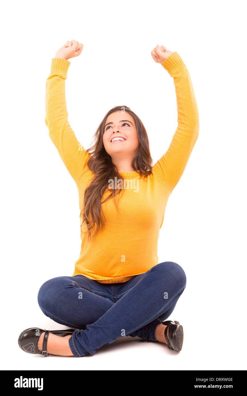 Very happy woman raising her arms and celebrating Stock Photo - Alamy