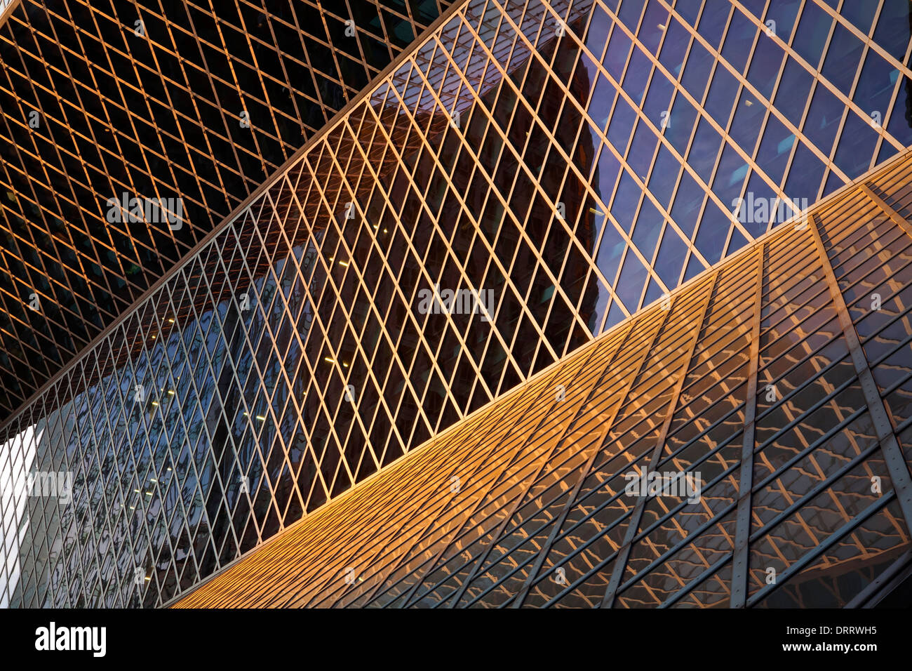 Detail view of the downtown Seattle Public Library with glass panels ...