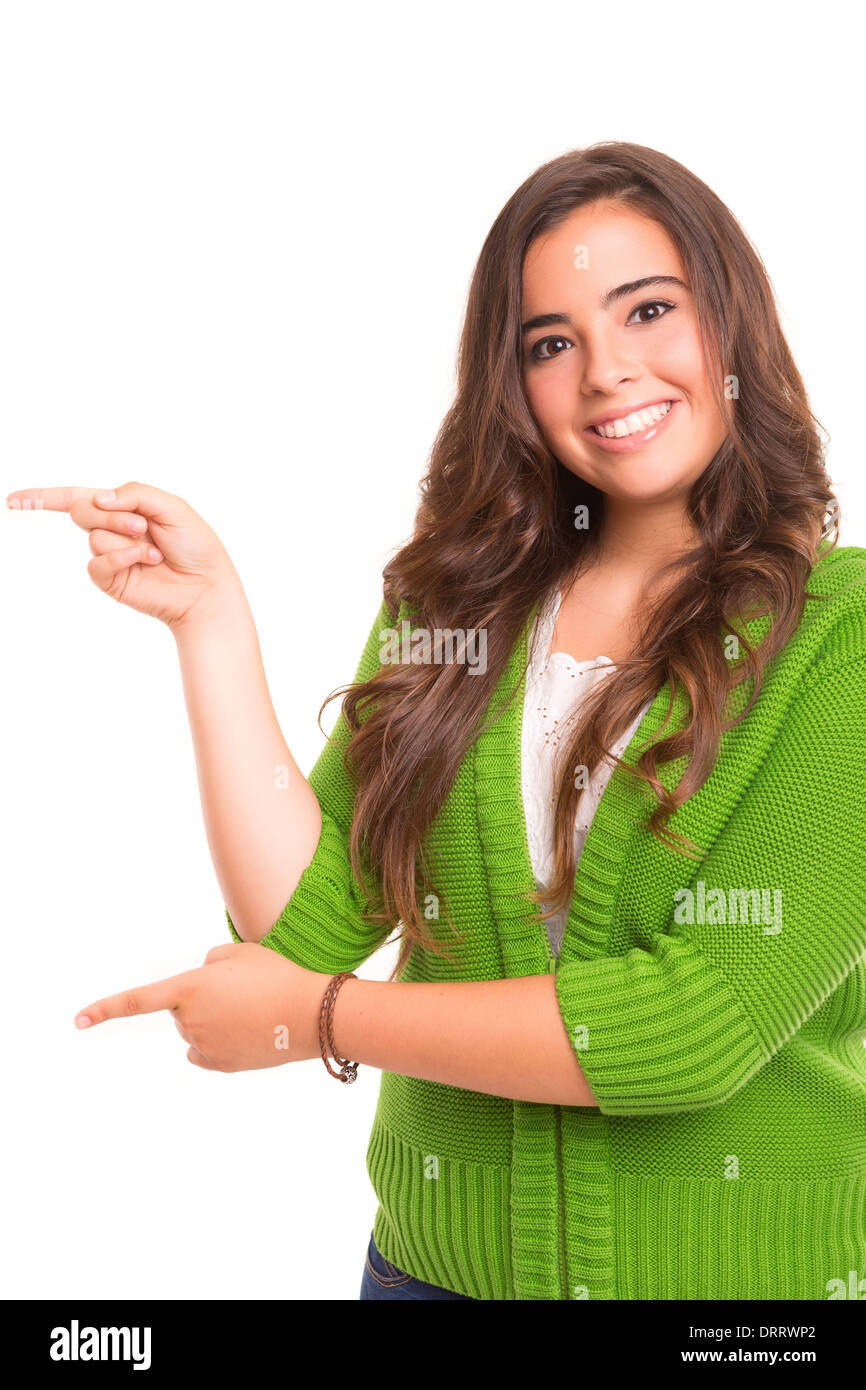 Young beautiful woman presenting your product, isolated over white ...