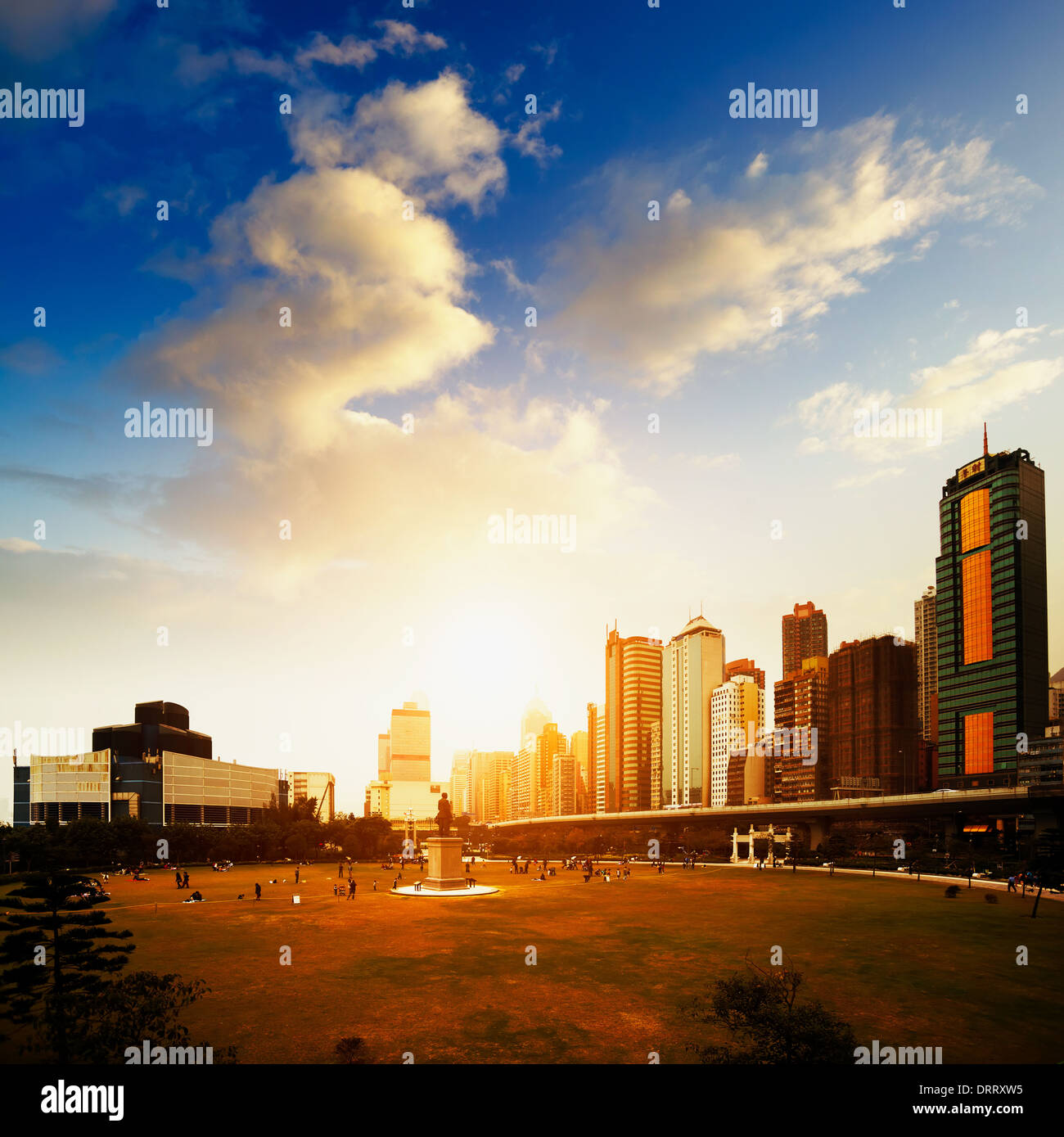 wooden platform before modern city Stock Photo - Alamy