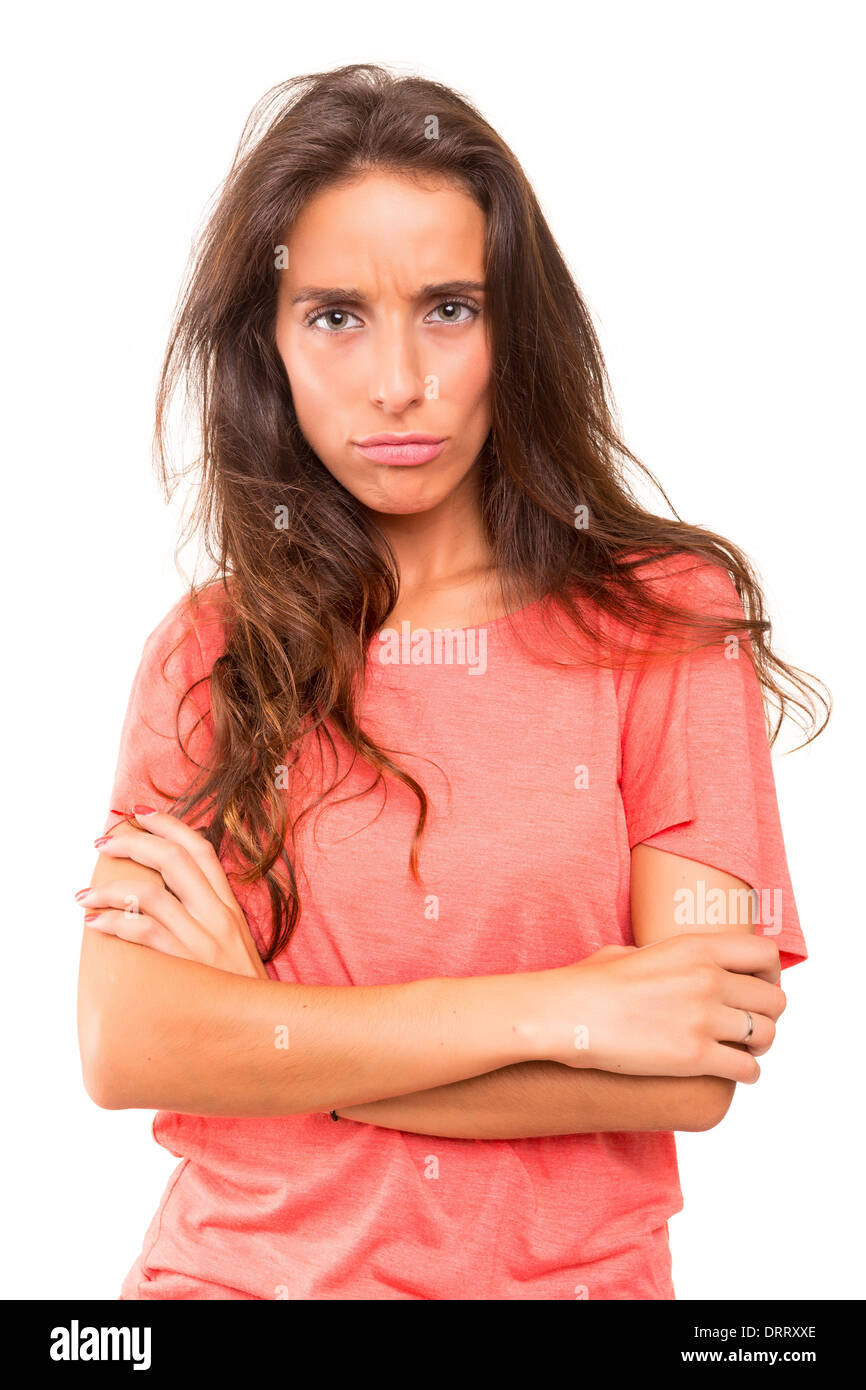 Sad woman posing over a white background Stock Photo - Alamy