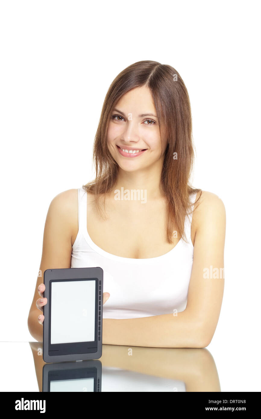 girl with the e-book isolated on white Stock Photo - Alamy