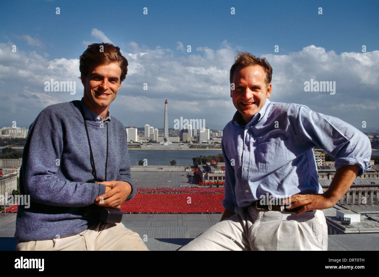 Pyongyang North Korea Two Men Tourists on Balcony of Grand Peoples ...