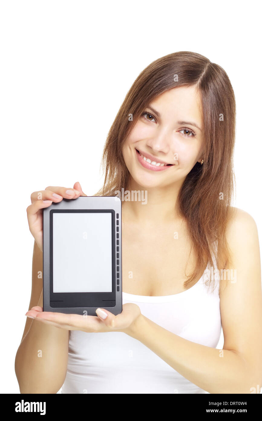 girl with e-book on white background Stock Photo - Alamy