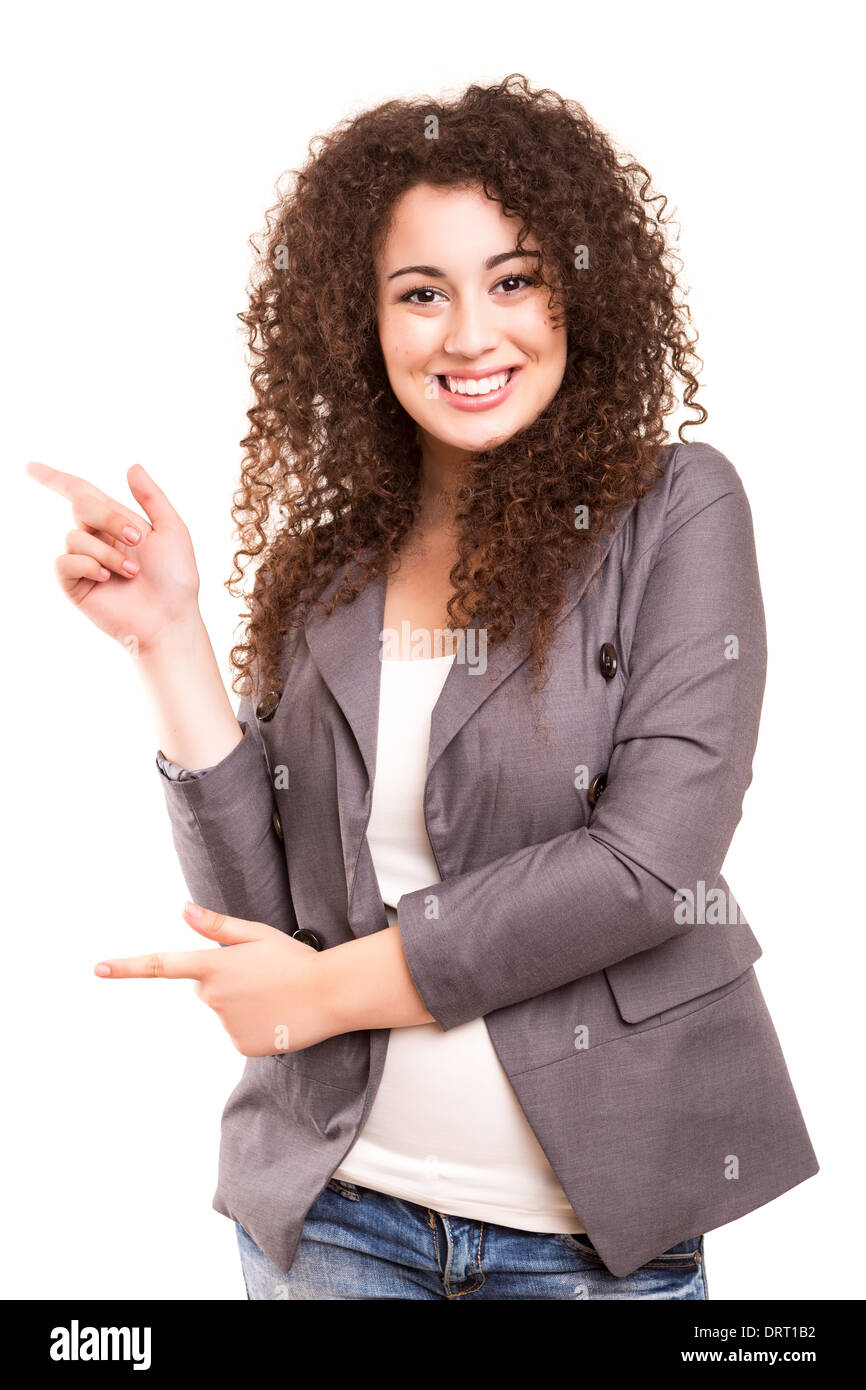 Beautiful young business woman presenting your product Stock Photo - Alamy