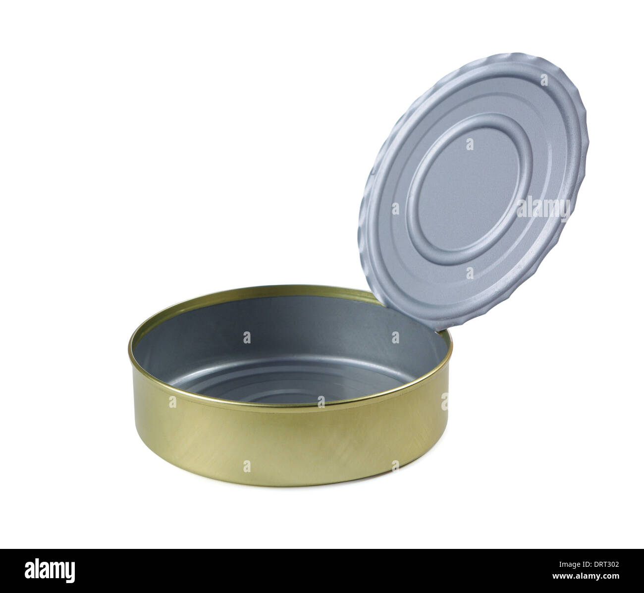 Opened tin on a white background Stock Photo - Alamy