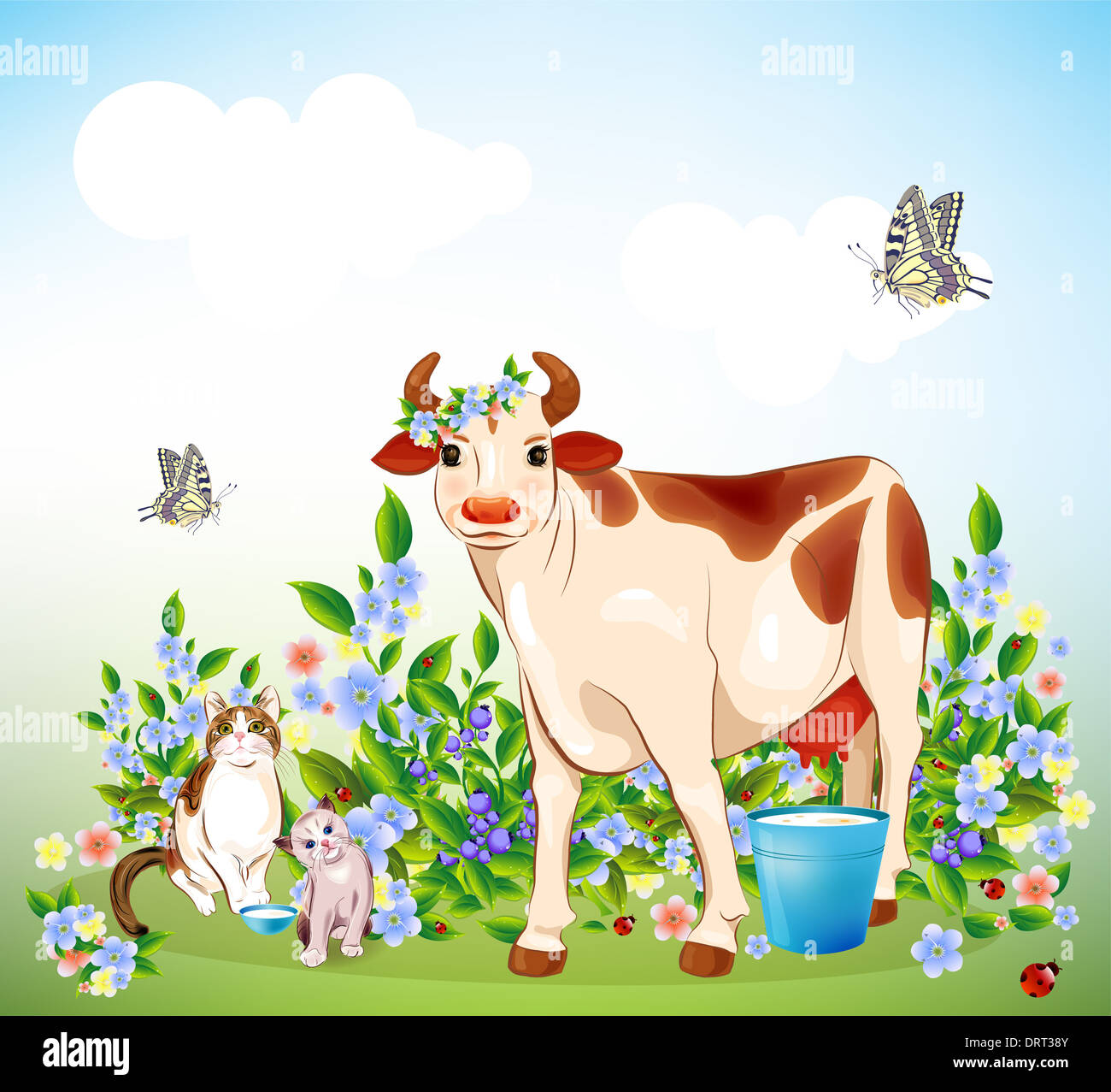 Country life. Cat, kitten and cow Stock Photo - Alamy