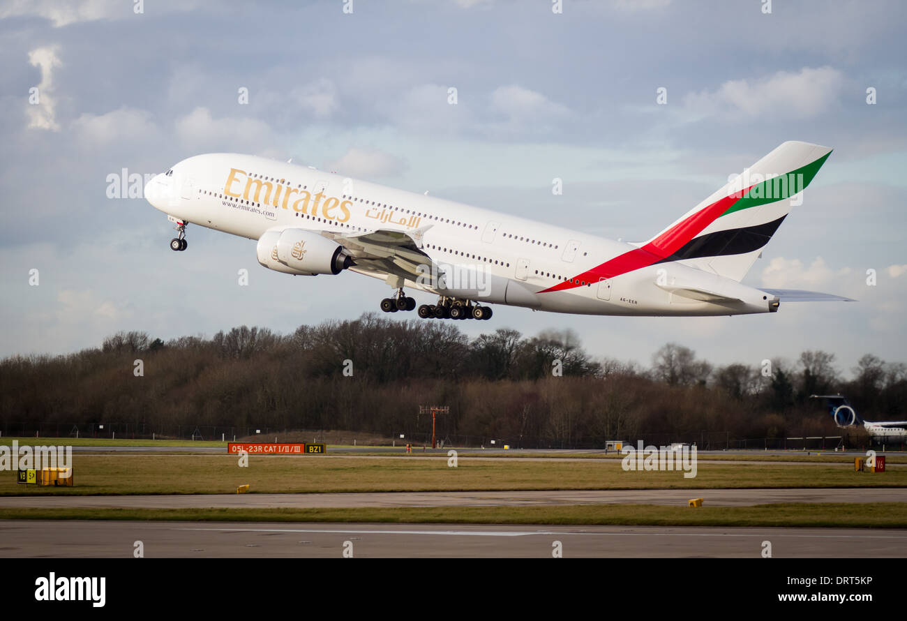 Airbus A380 taking off from Manchester Airport Stock Photo - Alamy