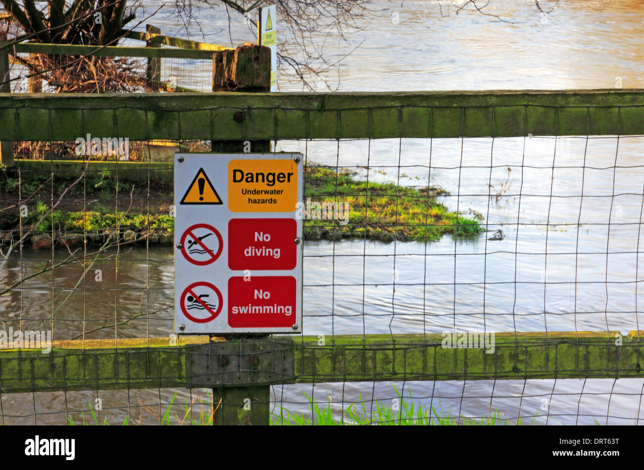 Warning sign by the River Wensum at Costessey Mill Sluice, Norfolk ...