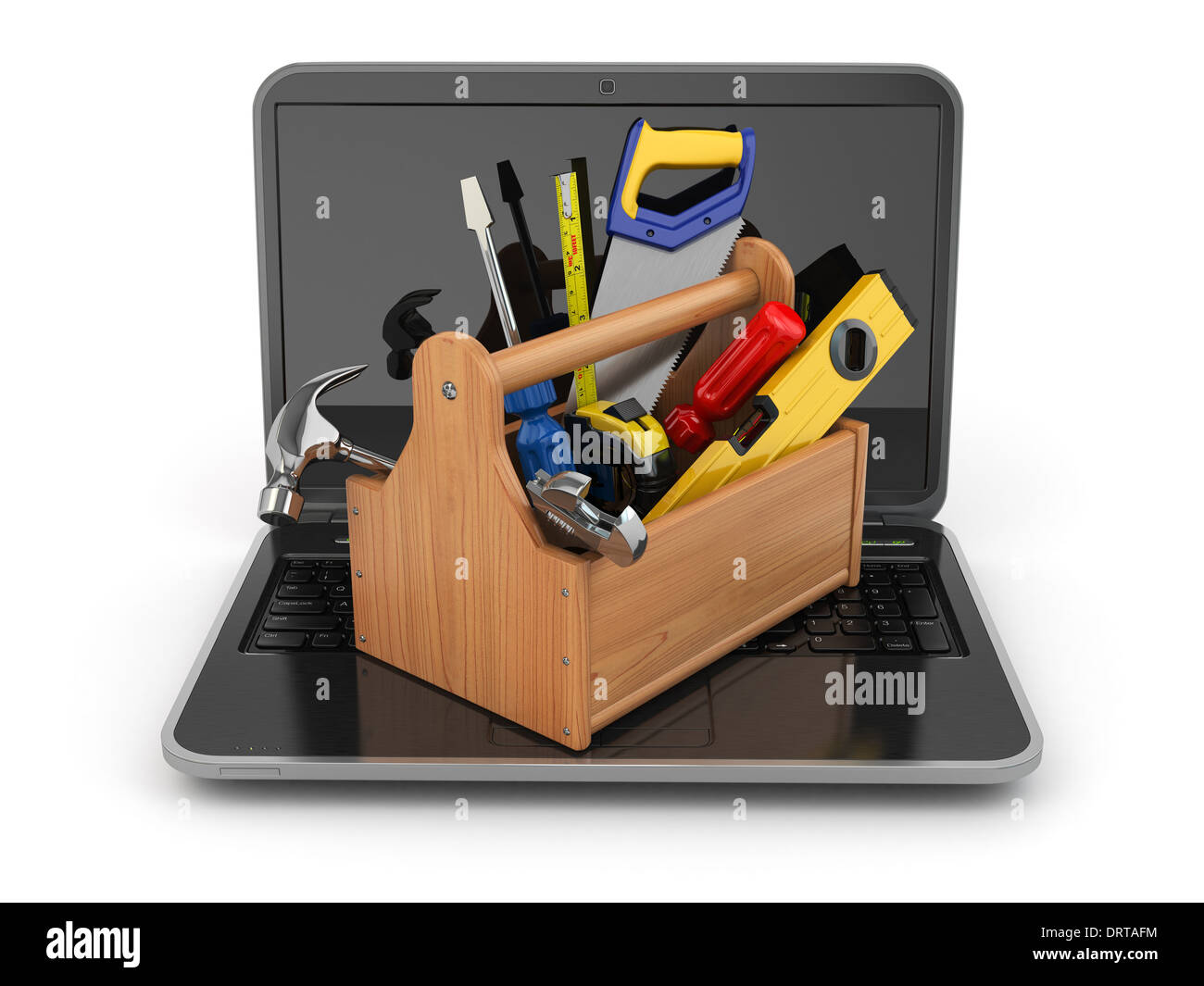 Online support. Laptop and toolbox on white isolated background. 3d ...