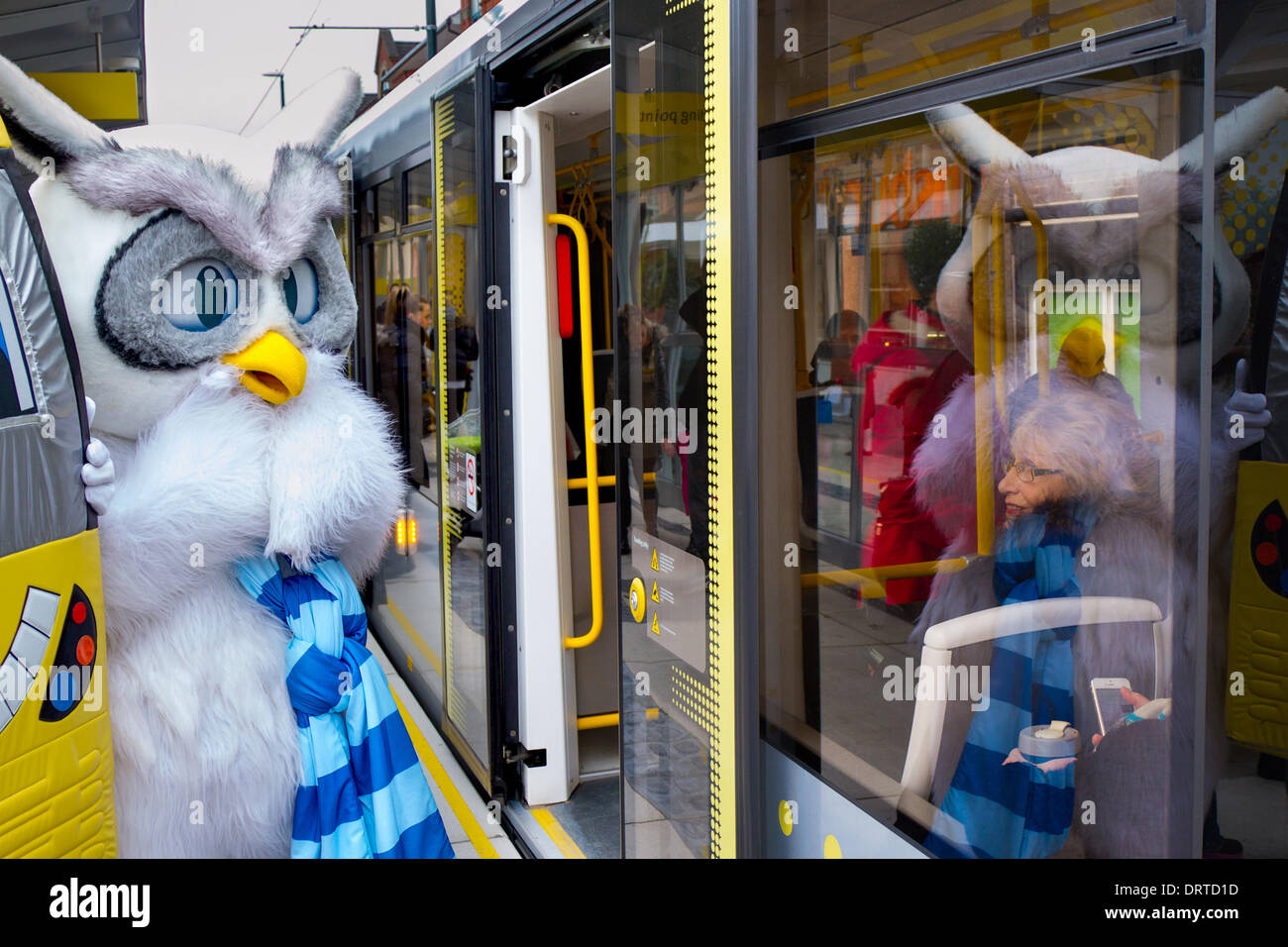 Furry Owl mascot at Oldham, Manchester, UK 1st February, 2014. Town ...