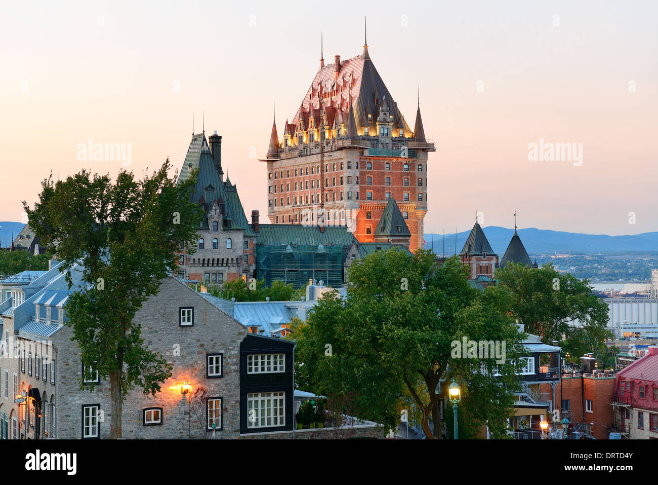 Quebec City skyline with Chateau Frontenac at sunset viewed from hill ...