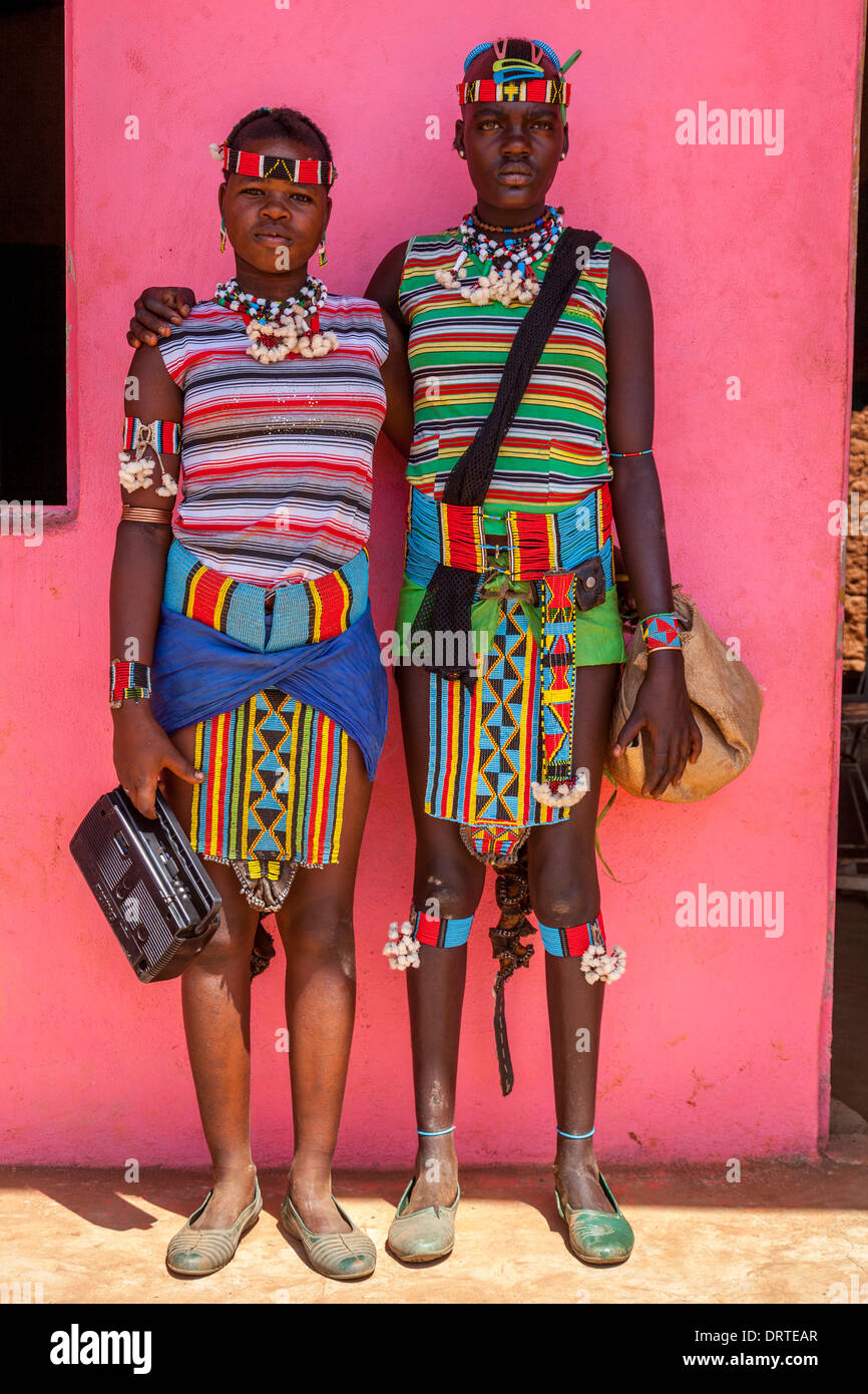 Two Girls From The Banna Tribe In Traditional Costume, Key Afar, Omo ...