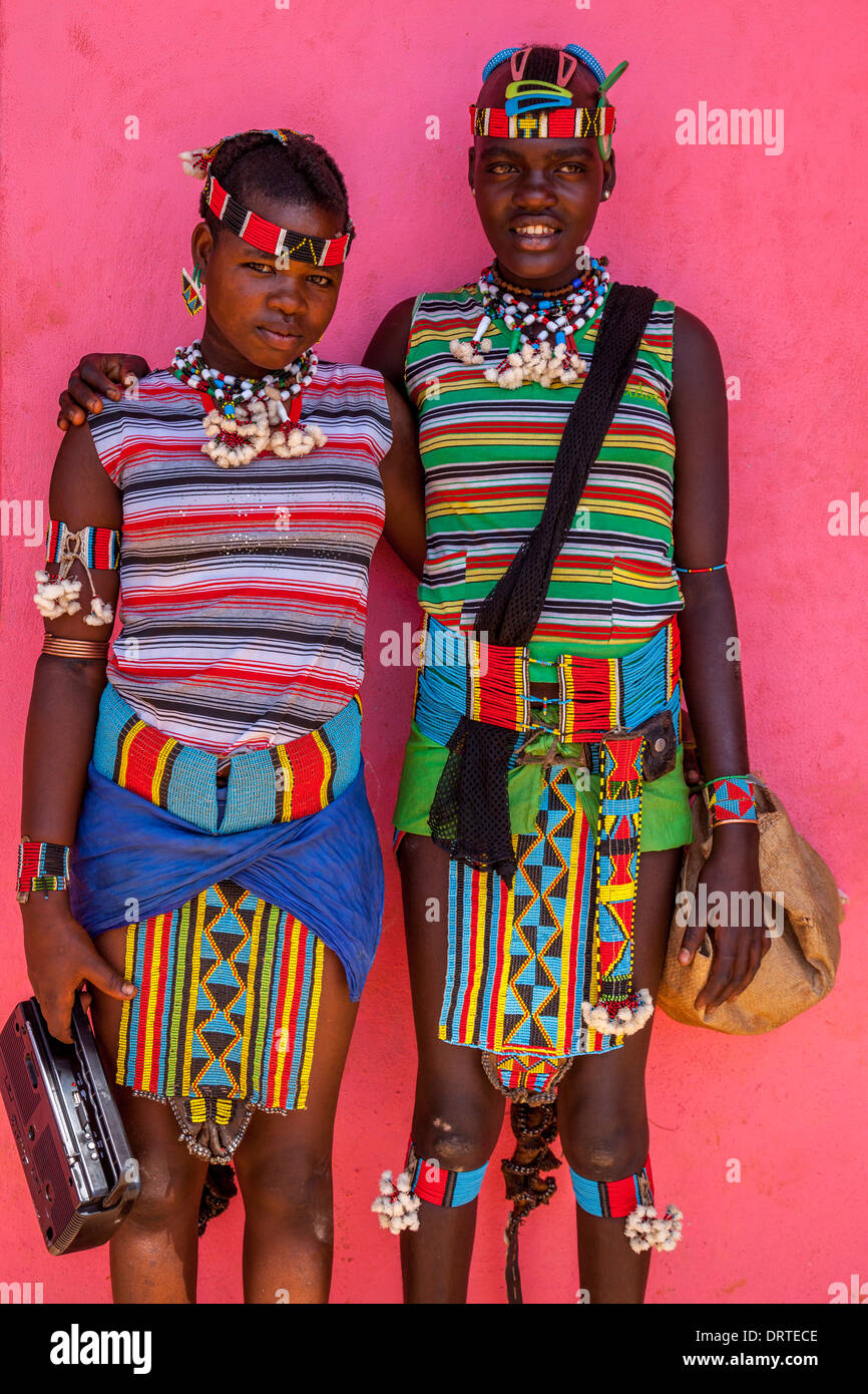 Two Girls From The Banna Tribe In Traditional Costume, Key Afar, Omo ...