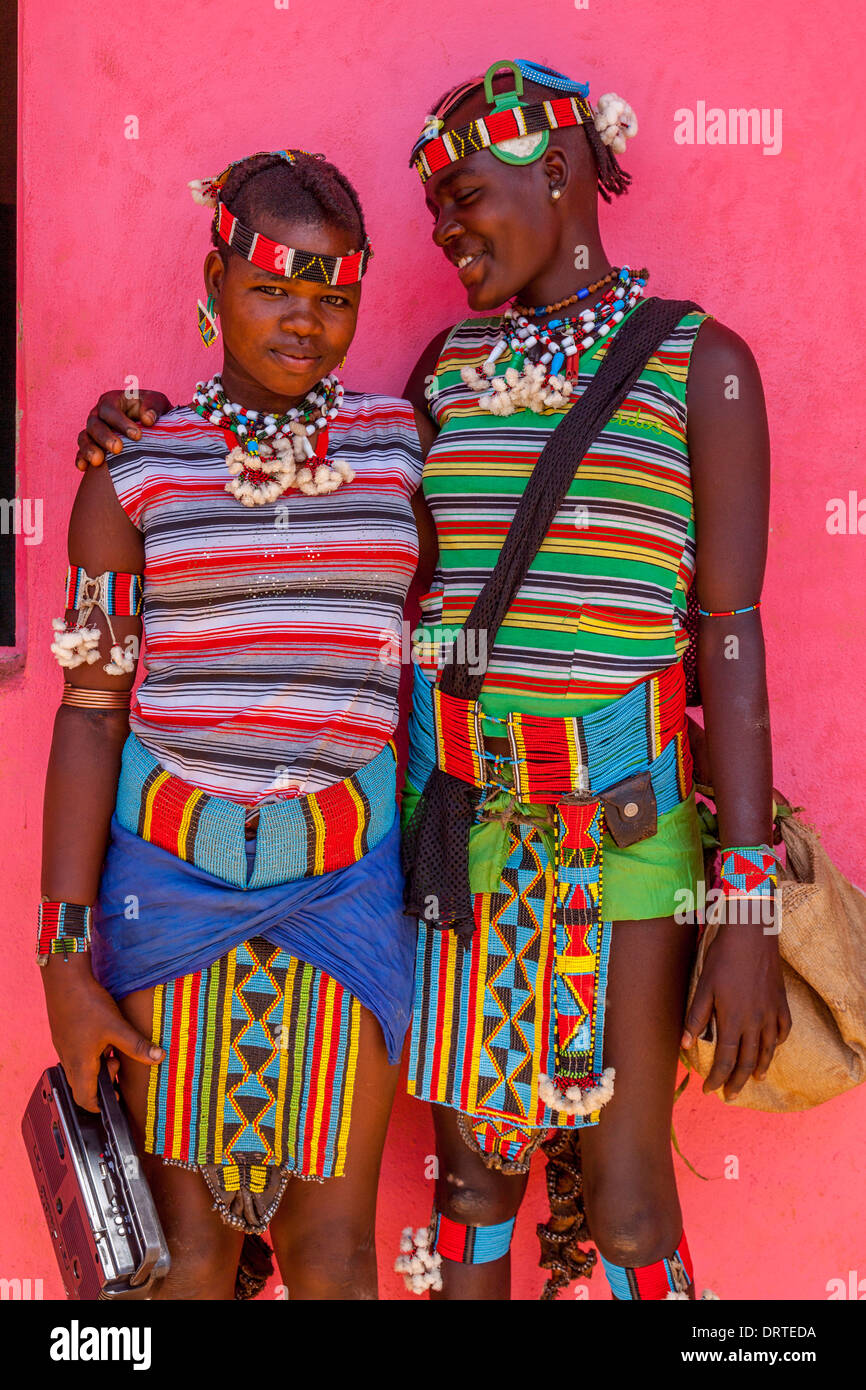 Two Girls From The Banna Tribe In Traditional Costume, Key Afar, Omo ...