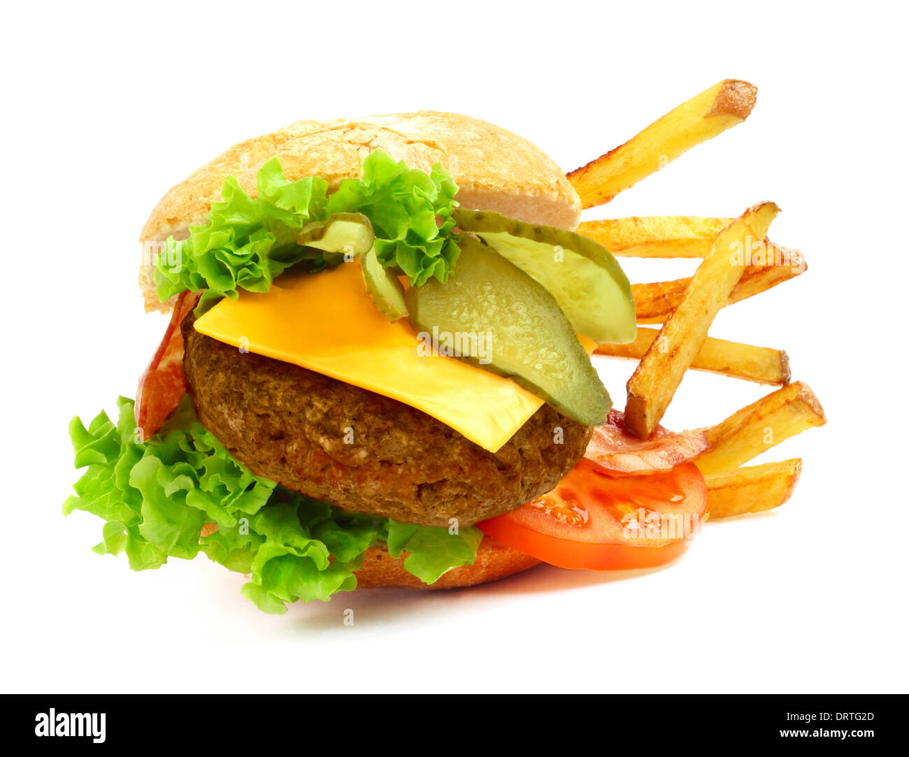 Exploded view of hamburger with french fries isolated on white ...