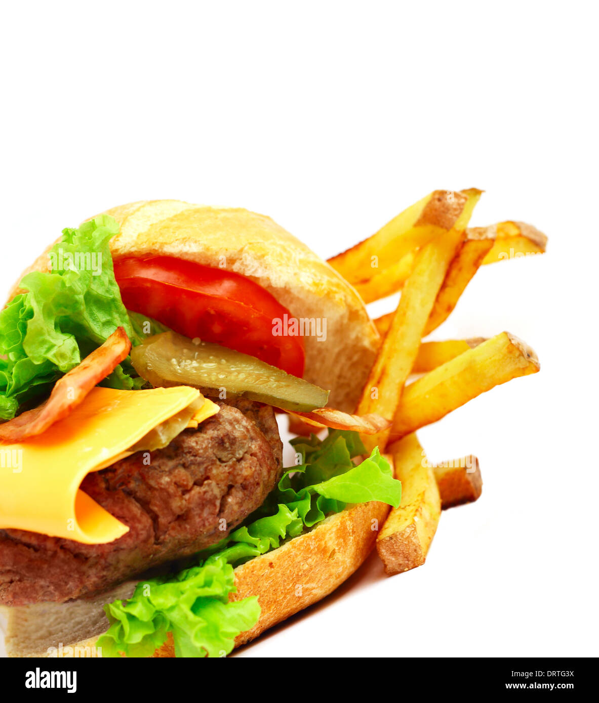 Exploded view of hamburger with french fries isolated on white ...