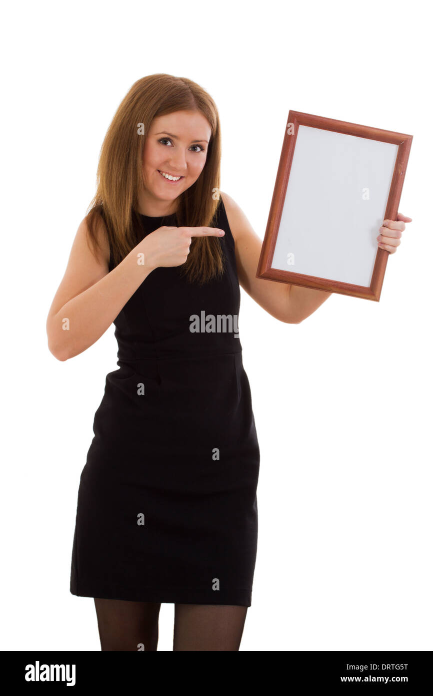 The lady is holding a wooden frame isolated on white background Stock ...