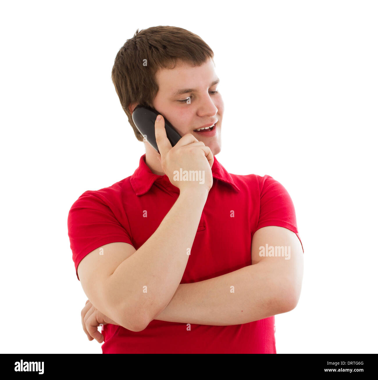 Emotional man talking on the phone isolated on white background Stock ...