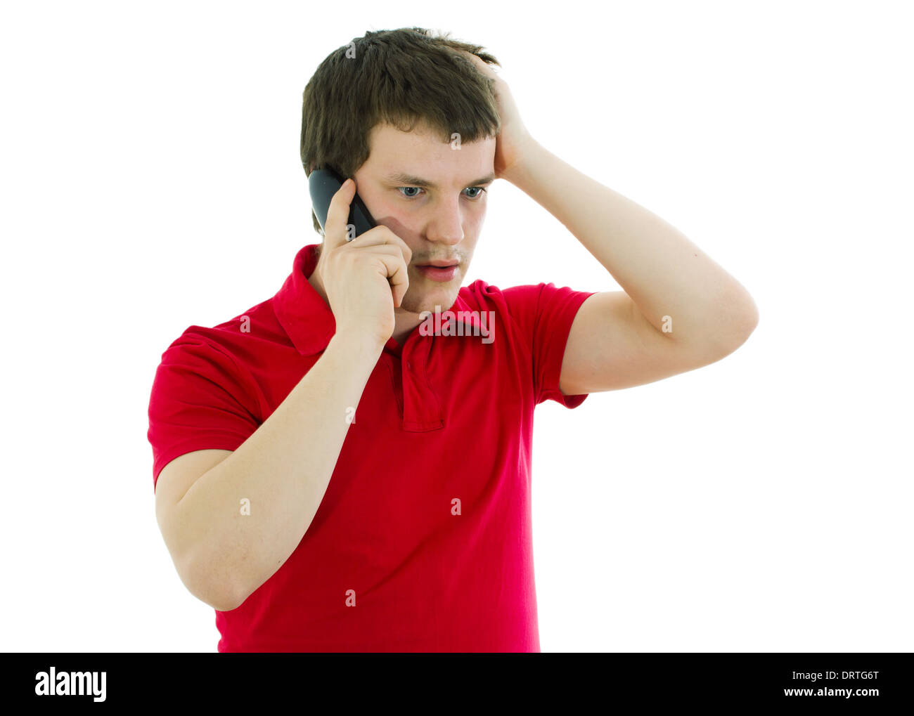 Emotional man talking on the phone isolated on white background Stock ...