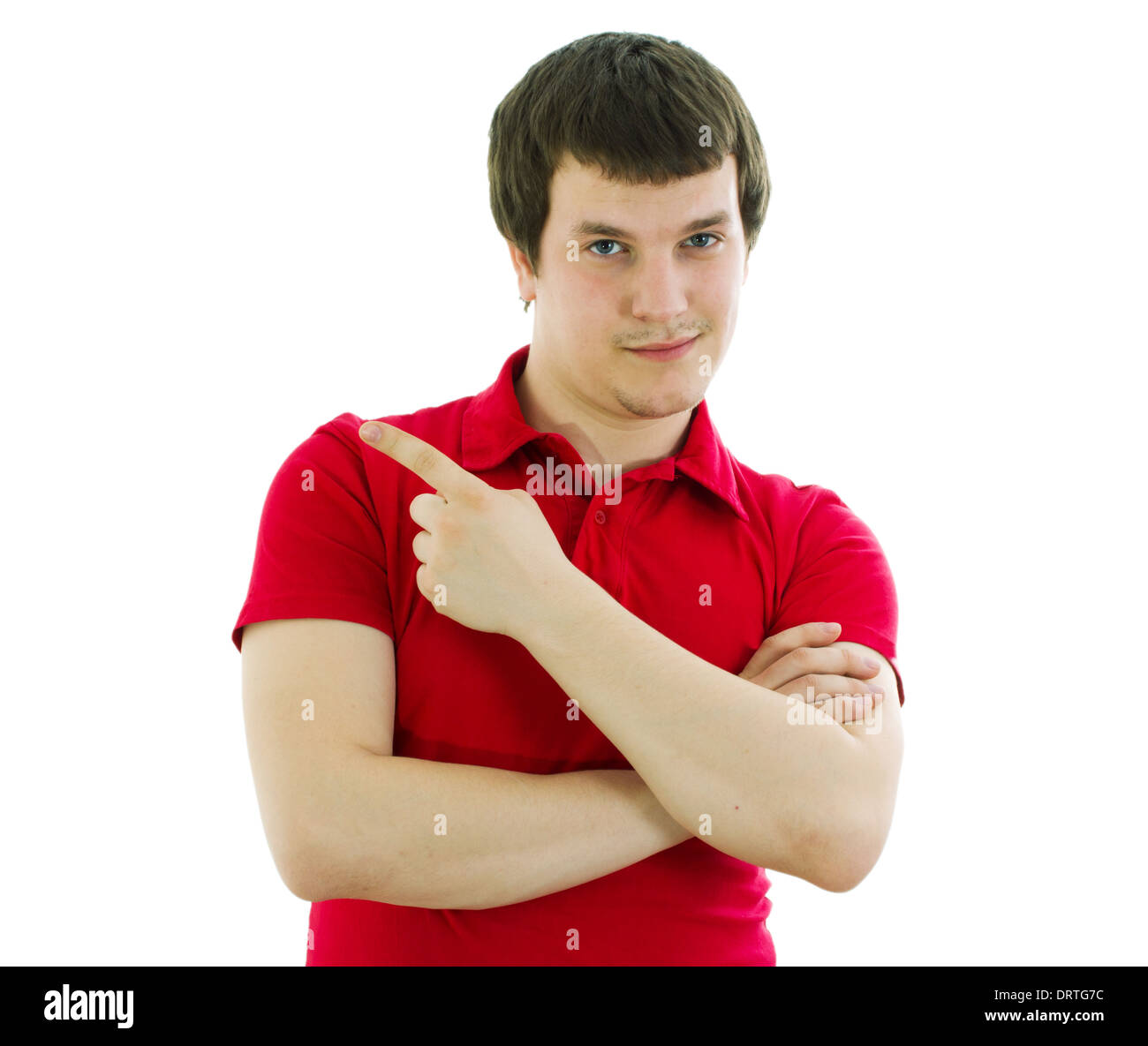 A man shows his hand to the side isolated on white background Stock ...