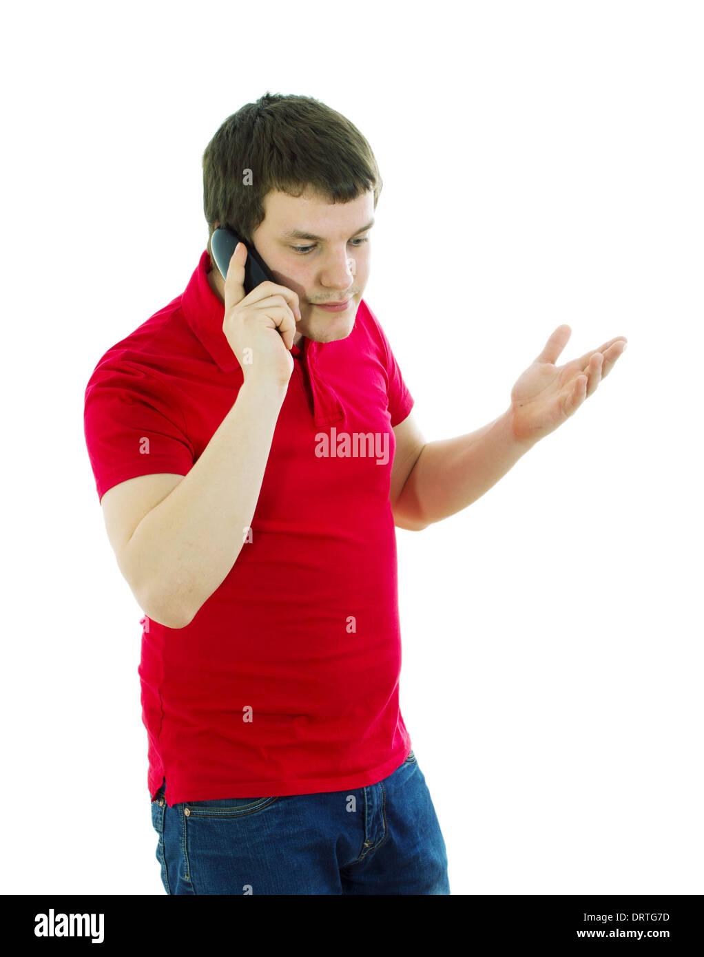 Emotional man talking on the phone isolated on white background Stock ...