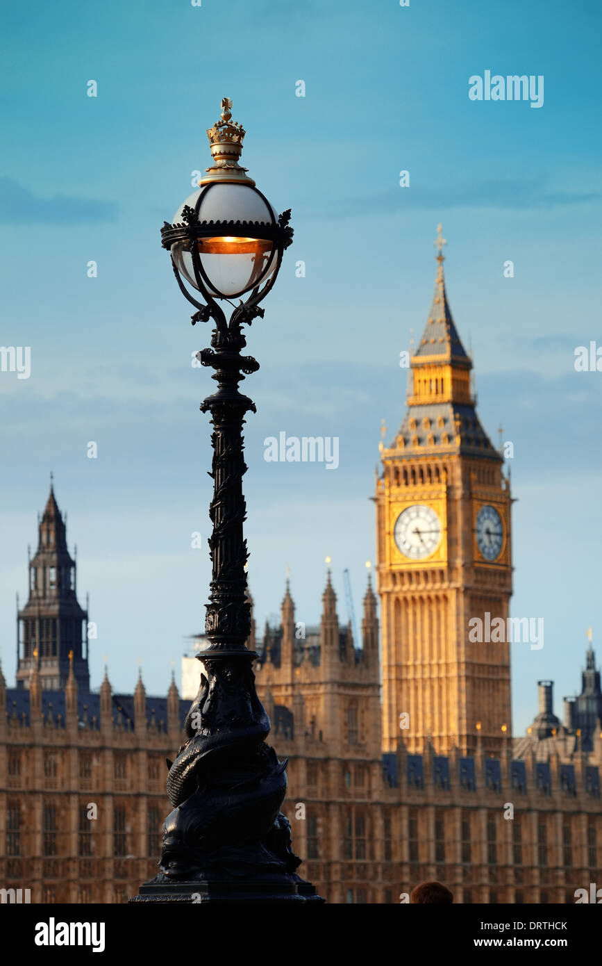 Vintage lamp post on Westminster Bridge with Big Ben in London Stock ...