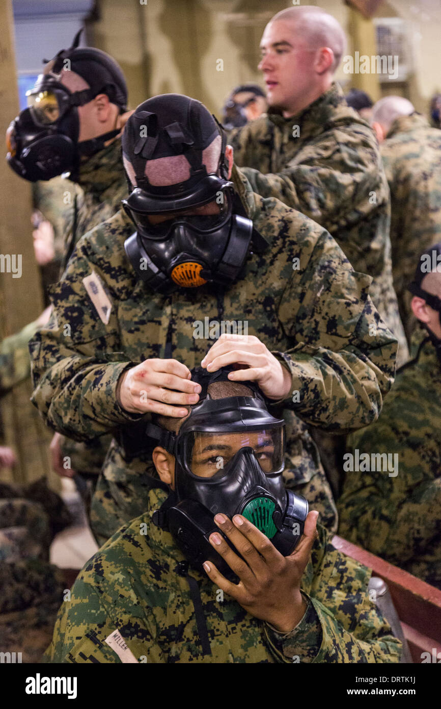 US Marine recruits are trained in proper use of their gas mask during ...