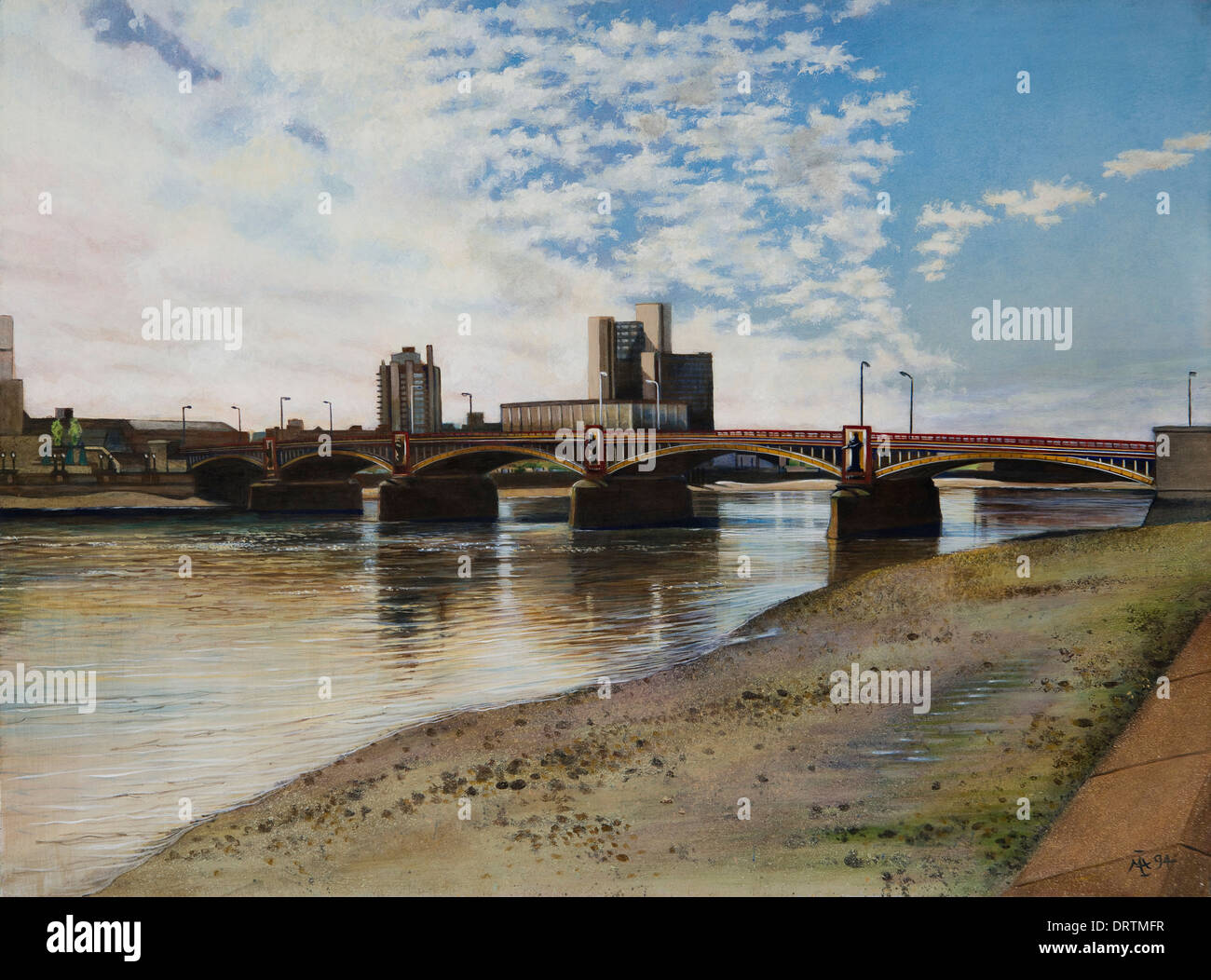Painted illustration of Vauxhall Bridge on the river Thames in London ...