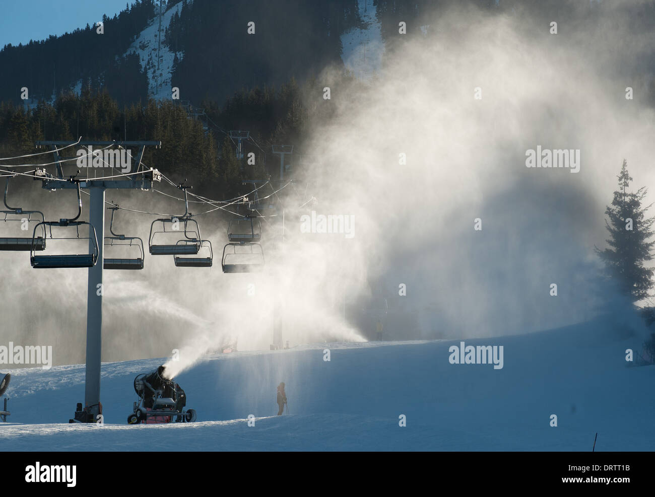 Snow making guns on Whistler Mountain run at full speed. Whistler BC ...